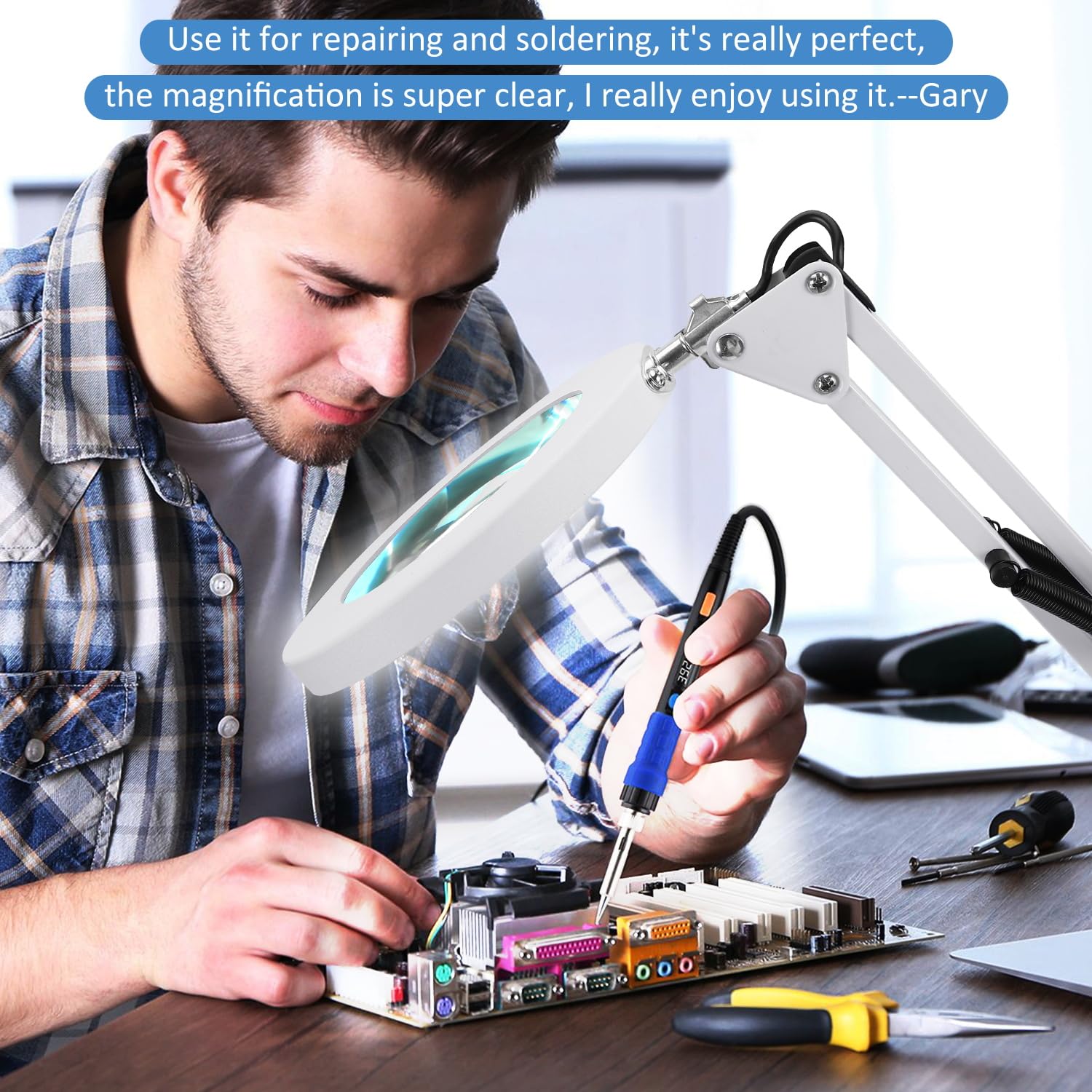 LANCOSC 2-in-1 Magnifying Glass with Light and Stand, 5X Real Glass Lens 3 Color Modes Stepless Dimmable, Adjustable LED Lighted Magnifier Desk Lamp with Clamp for Reading, Crafts, Close Works - White