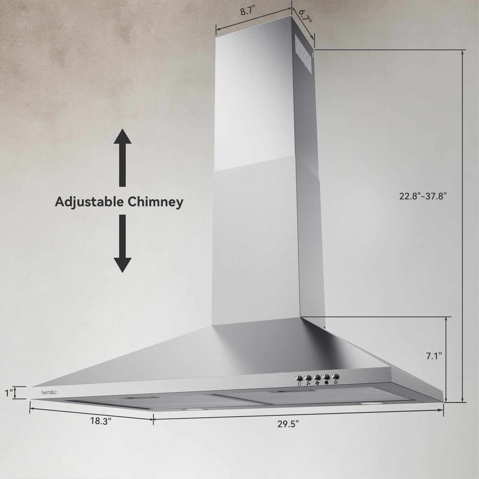 Hermitlux Range Hood 30 inch Stainless Steel, Wall Mount Vent Hood for Kitchen with Charcoal Filter, Ducted/Ductless Convertible