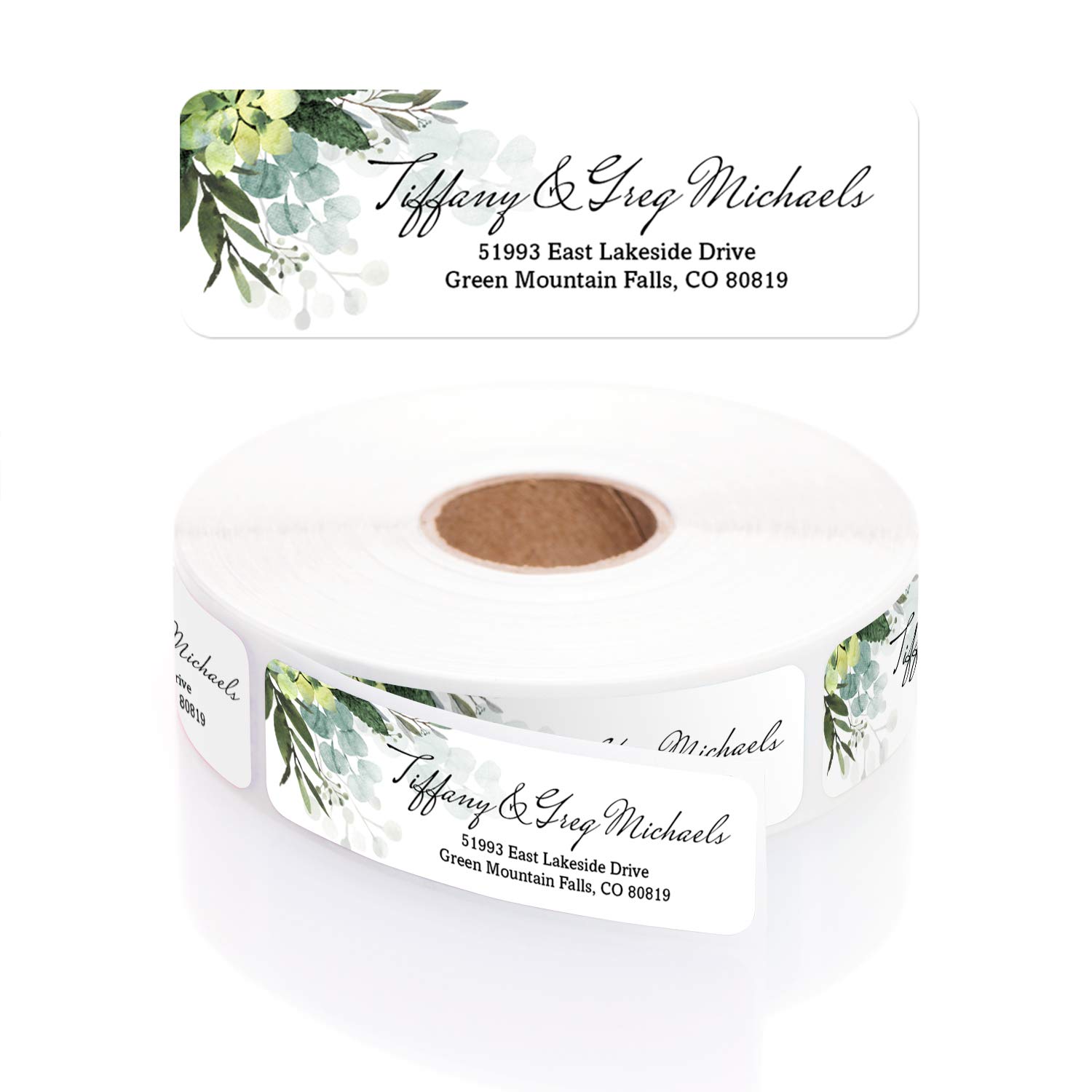 Floral Greenery Rolled Address Labels/Roll of 250 Personalized Address Labels/Designer Return Address Stickers in Elegant Plastic Dispenser