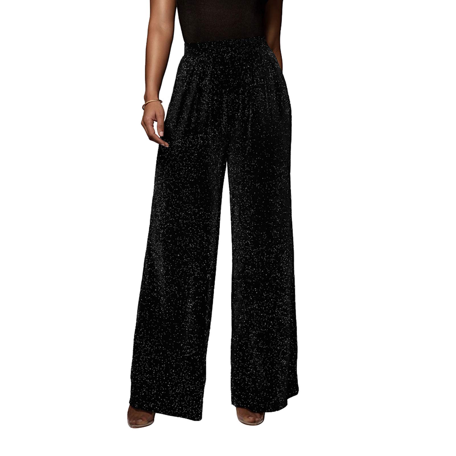 GUOLEZEEV Women Sparkle Party Pants Wide Leg Casual Loose Fit Long Palazzo Pant Black XL