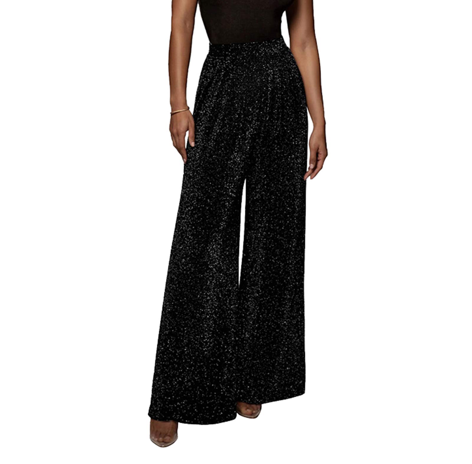 GUOLEZEEV Women Sparkle Party Pants Wide Leg Casual Loose Fit Long Palazzo Pant Black XL