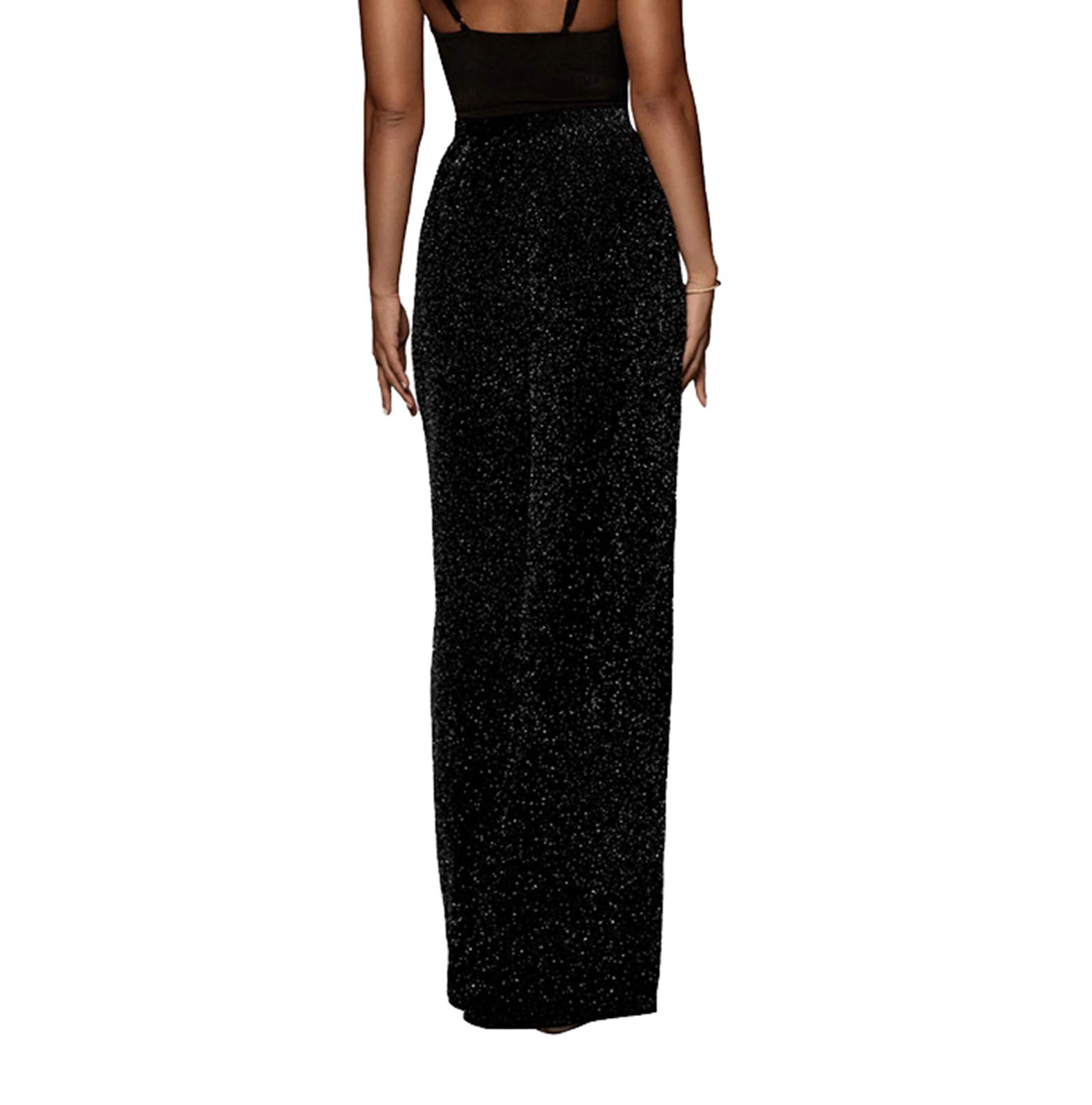 GUOLEZEEV Women Sparkle Party Pants Wide Leg Casual Loose Fit Long Palazzo Pant Black XL