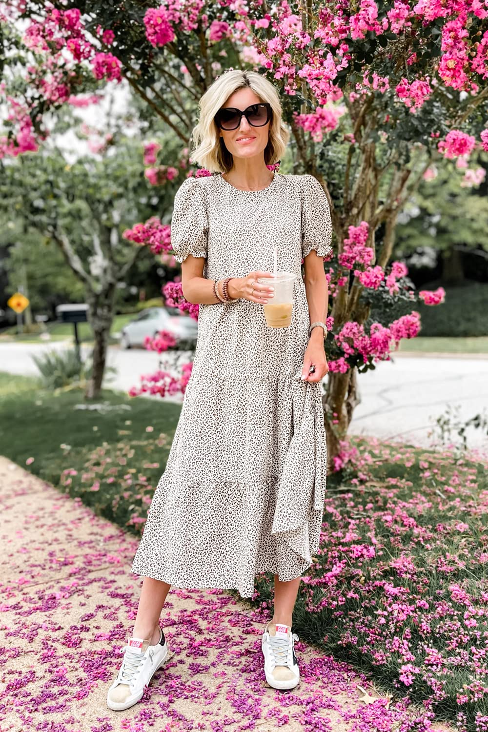 PRETTYGARDEN Women's Summer Casual Boho Dress Floral Print Ruffle Puff Short Sleeve Flowy Midi Beach Party Dresses (Apricot,Medium)