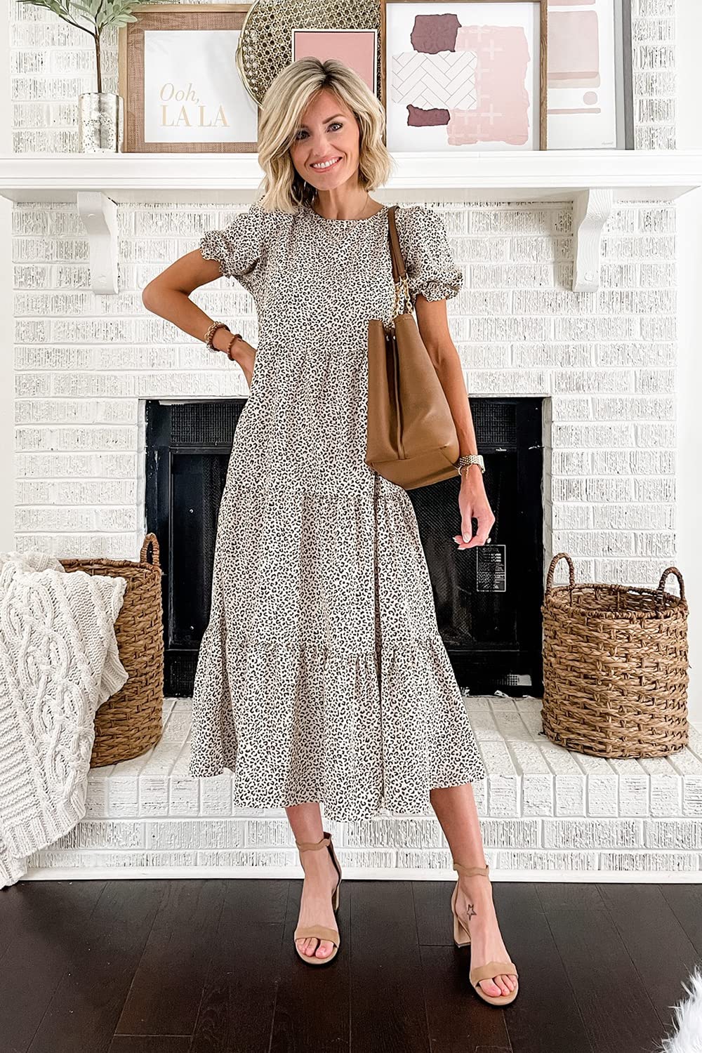PRETTYGARDEN Women's Summer Casual Boho Dress Floral Print Ruffle Puff Short Sleeve Flowy Midi Beach Party Dresses (Apricot,Medium)