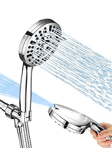 Likense High Pressure Shower Head with Handheld, 10 Spray Settings Water Saving Shower Heads with Stainless Steel Hose,Holder & PTFE Tape, Wider Silver Face for Tubs Tiles Walls Pets Cleaning