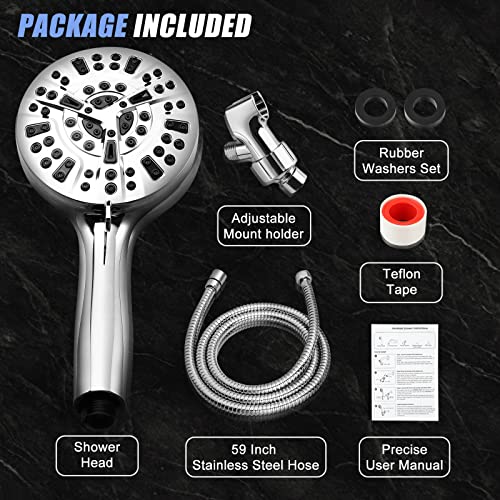 Likense High Pressure Shower Head with Handheld, 10 Spray Settings Water Saving Shower Heads with Stainless Steel Hose,Holder & PTFE Tape, Wider Silver Face for Tubs Tiles Walls Pets Cleaning
