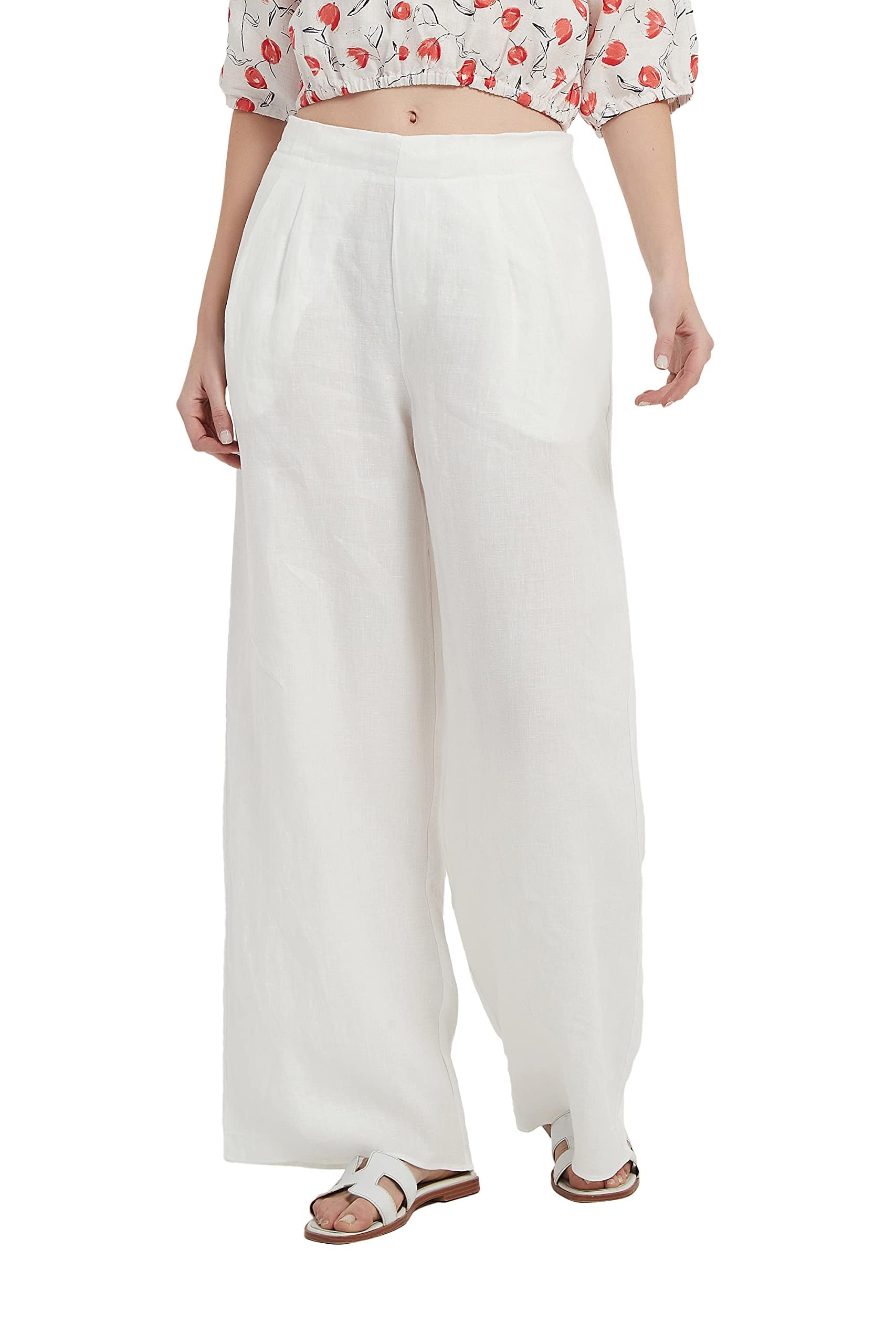 PACIBE Women's Drape Linen Pants Summer Wide Leg Trousers Compact Fabric with Pockets, XL, White