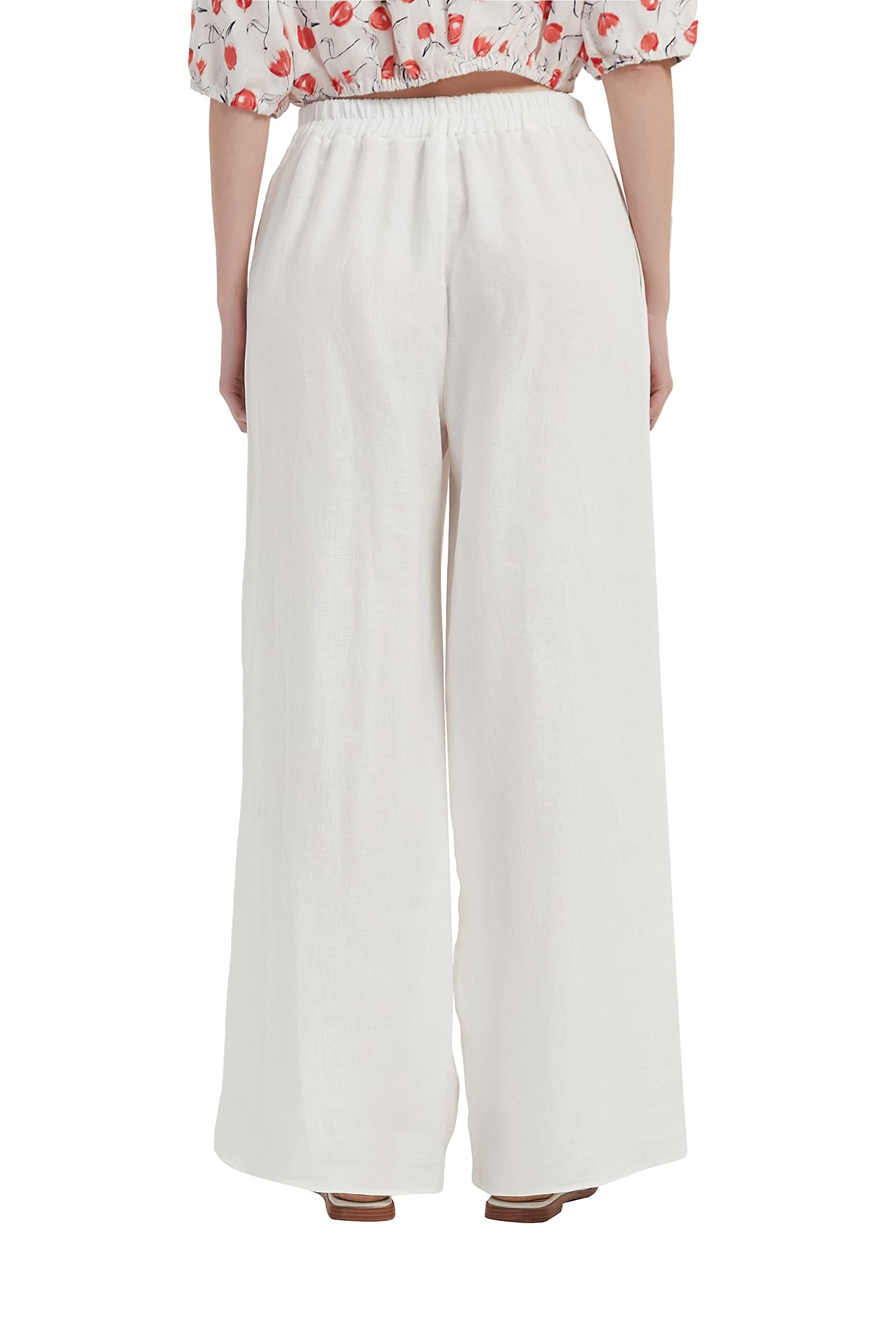PACIBE Women's Drape Linen Pants Summer Wide Leg Trousers Compact Fabric with Pockets, XL, White