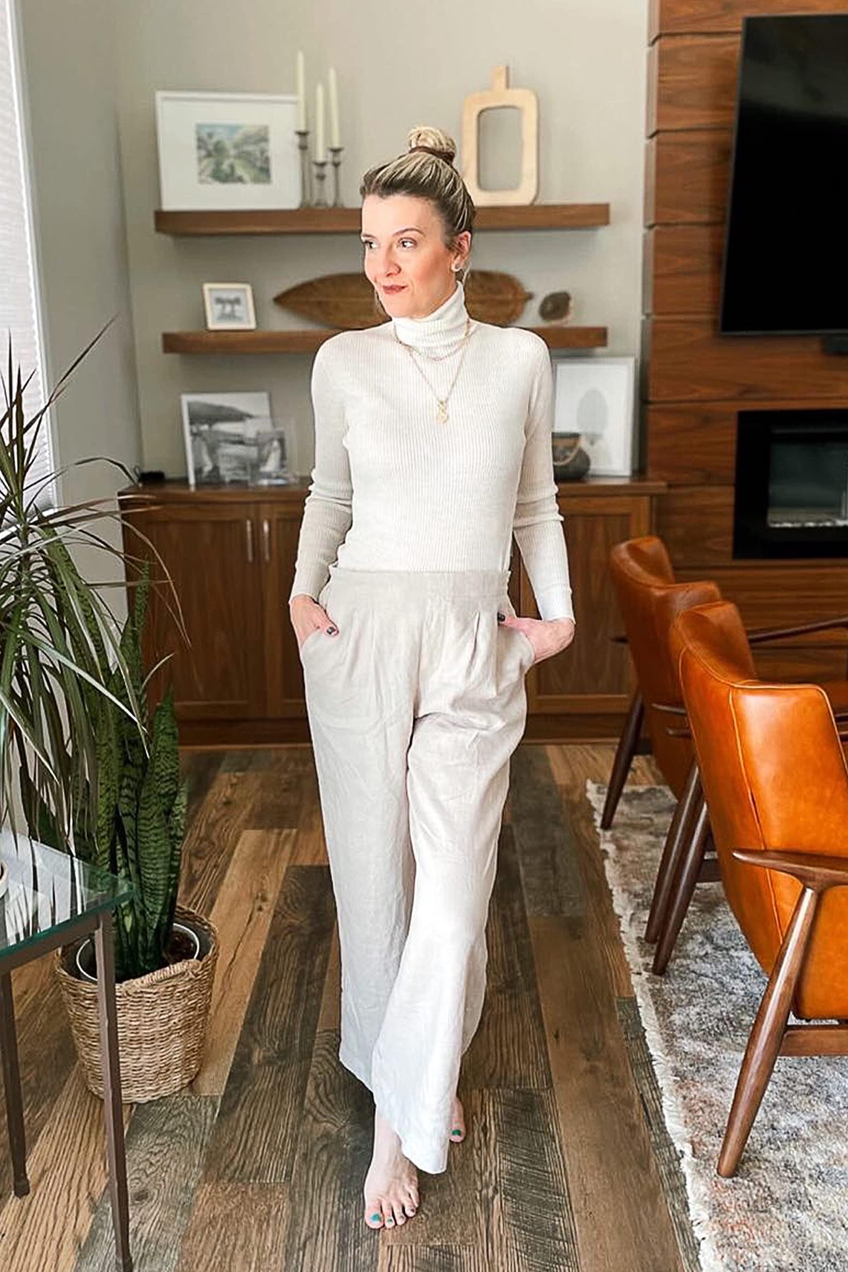 PACIBE Women's Drape Linen Pants Summer Wide Leg Trousers Compact Fabric with Pockets, XL, White