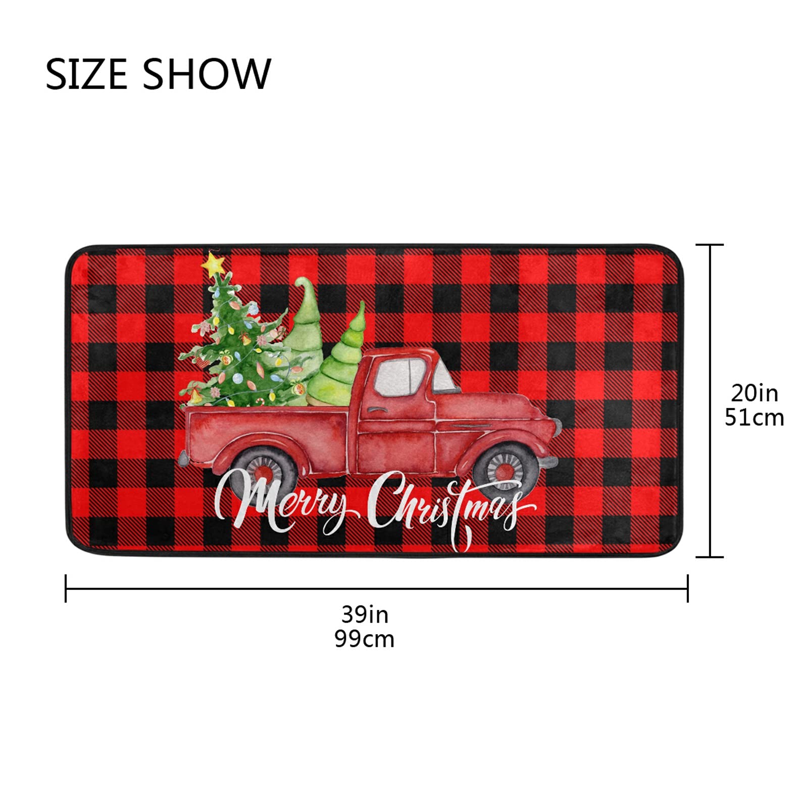 Christmas Tree Red Truck Kitchen Rugs Buffalo Check Plaid Winter Bath Rug Indoor Outdoor Doormat Runner Comfort Mat Non-Slip Carpet for Bathroom 39" X 20"