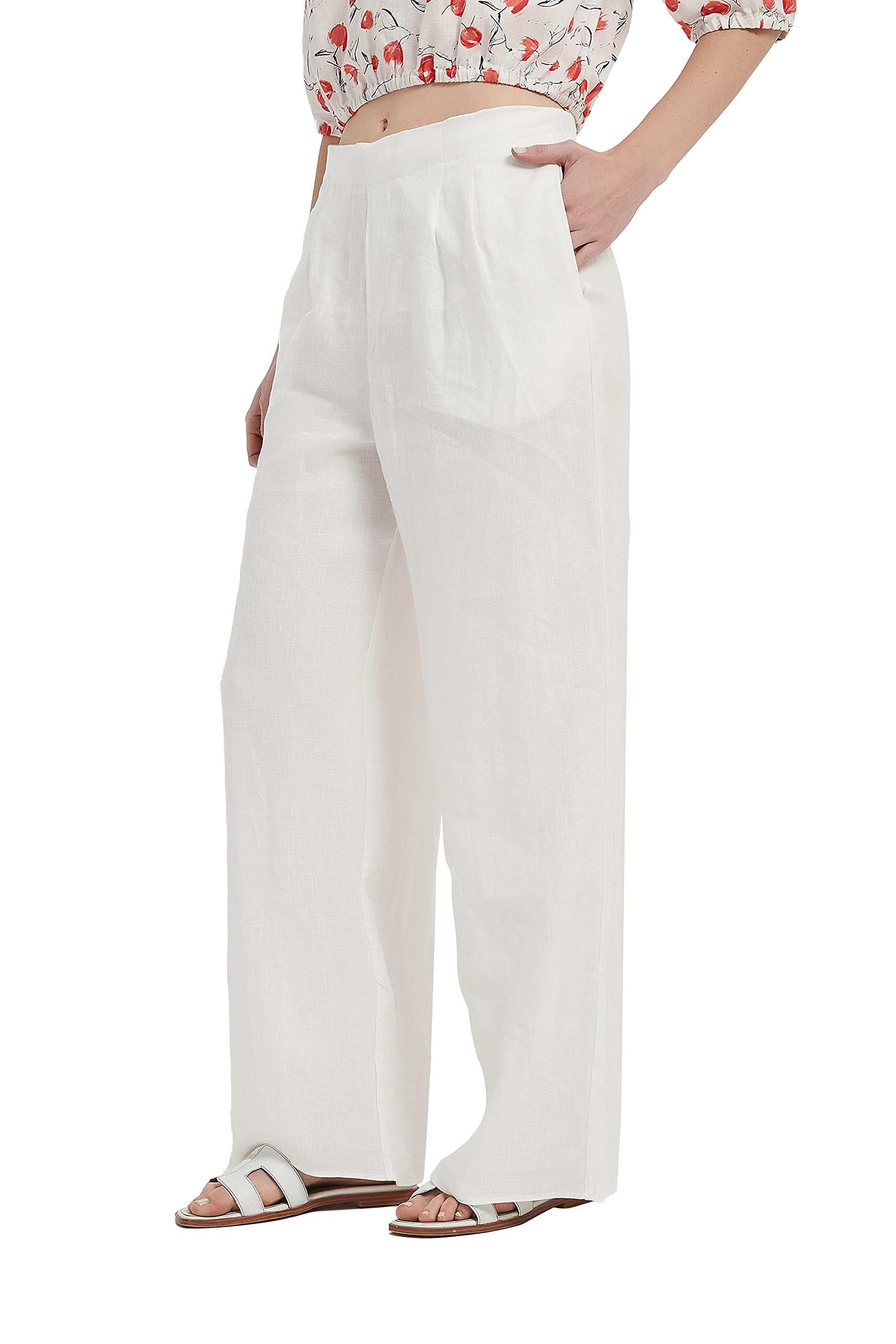 PACIBE Women's Drape Linen Pants Summer Wide Leg Trousers Compact Fabric with Pockets, XL, White