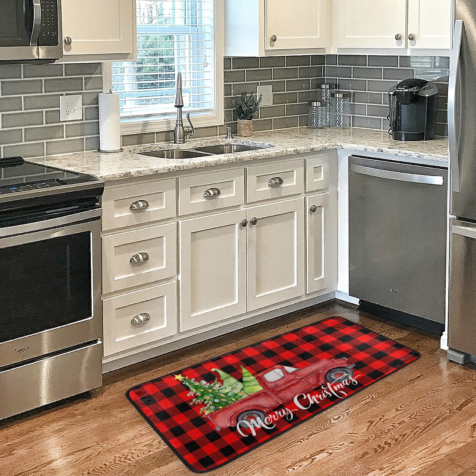 Christmas Tree Red Truck Kitchen Rugs Buffalo Check Plaid Winter Bath Rug Indoor Outdoor Doormat Runner Comfort Mat Non-Slip Carpet for Bathroom 39" X 20"