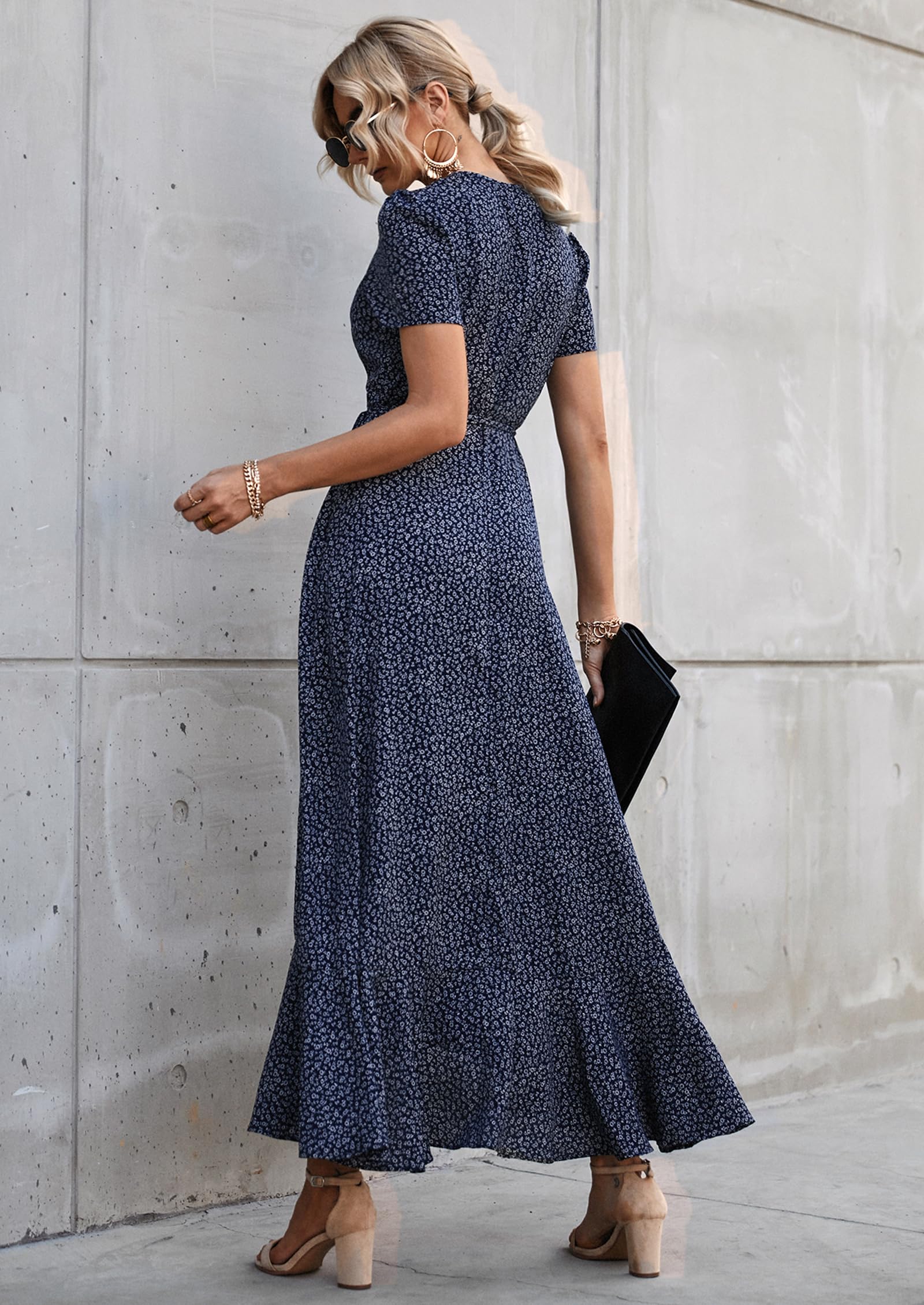 PRETTYGARDEN Women's Summer Wrap Maxi Dress Casual Boho Floral V Neck Short Sleeve Ruffle Hem Split Beach Long Dresses (Blue,Large)