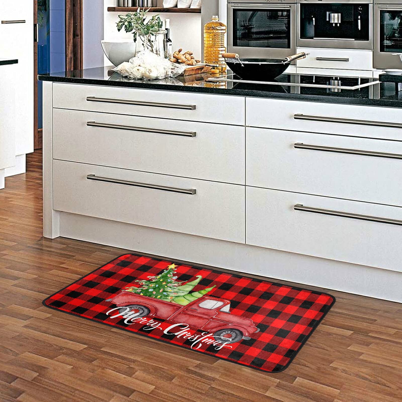 Christmas Tree Red Truck Kitchen Rugs Buffalo Check Plaid Winter Bath Rug Indoor Outdoor Doormat Runner Comfort Mat Non-Slip Carpet for Bathroom 39" X 20"