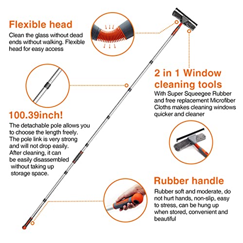 Baban Window Squeegee Cleaner, 2 in 1 Window Cleaning Tool with Straight Extension Pole, 100'' Telescopic Window Washing Equipment with Bendable Head for Car Glass Indoor Outdoor High Windows
