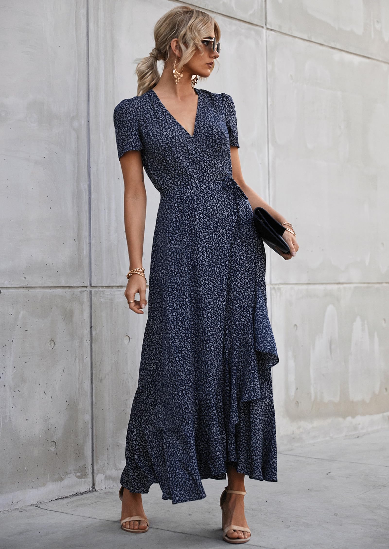 PRETTYGARDEN Women's Summer Wrap Maxi Dress Casual Boho Floral V Neck Short Sleeve Ruffle Hem Split Beach Long Dresses (Blue,Large)