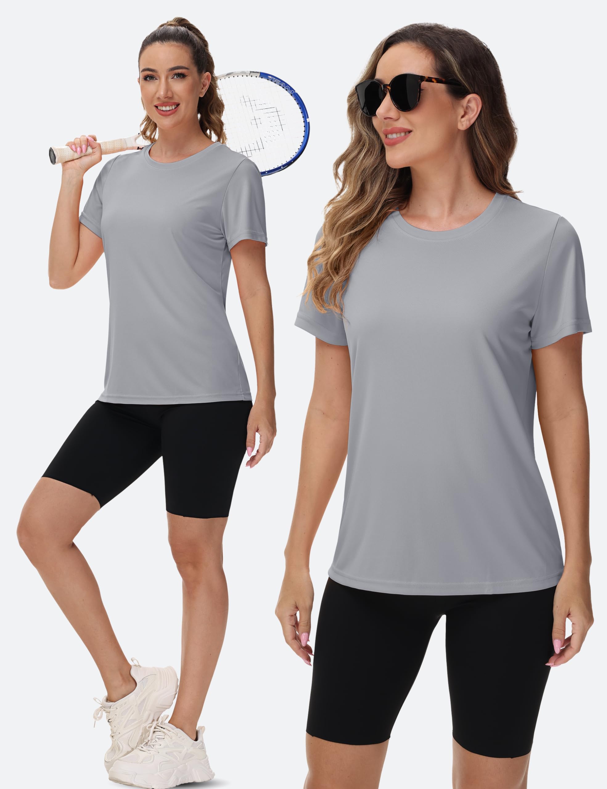 TACVASEN Womens Short Sleeve Shirts Athletic Workout Tops UPF 50+ Rash Guard Running Crew Neck Summer T-Shirts Light Grey M