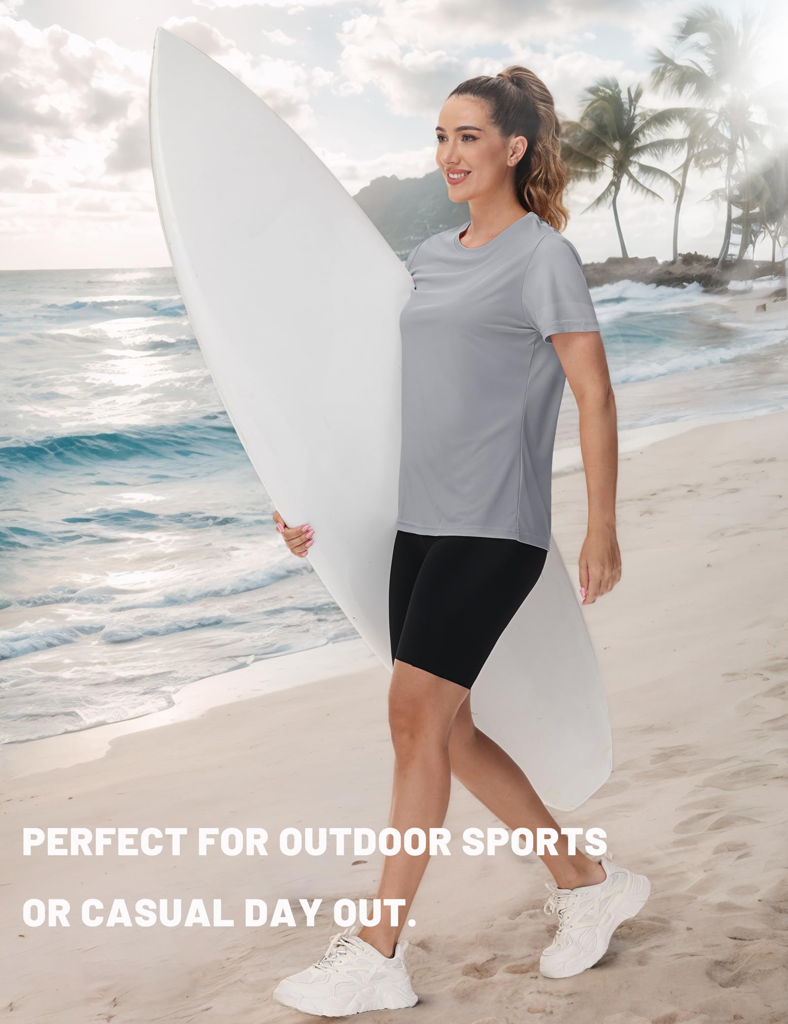 TACVASEN Womens Short Sleeve Shirts Athletic Workout Tops UPF 50+ Rash Guard Running Crew Neck Summer T-Shirts Light Grey M