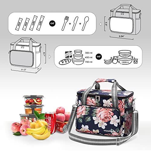 WOOMADA Insulated Lunch Bag for Women/Men, 24-Can (15L) Reusable Lunch Box for Work School , Front Zipper Pocket Lunch Tote Bag , Leakproof Lunch Cooler Bag with Adjustable Shoulder Strap(Cyan Rose)