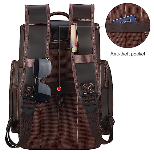 Masa Kawa Leather Backpack for Men 15.6 Inch Laptop Computer Bag Large Vintage Hiking Daypack Business Travel Rucksack, Brown