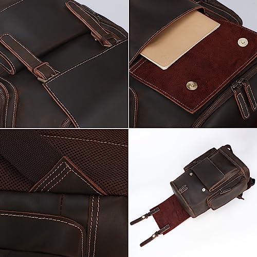 Masa Kawa Leather Backpack for Men 15.6 Inch Laptop Computer Bag Large Vintage Hiking Daypack Business Travel Rucksack, Brown
