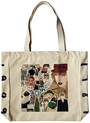 HaoHakka Canvas Tote Bag Aesthetic Cute School Tote with Zipper Pockets Valentines Christmas Music Gifts for Women Girls - taylor swift