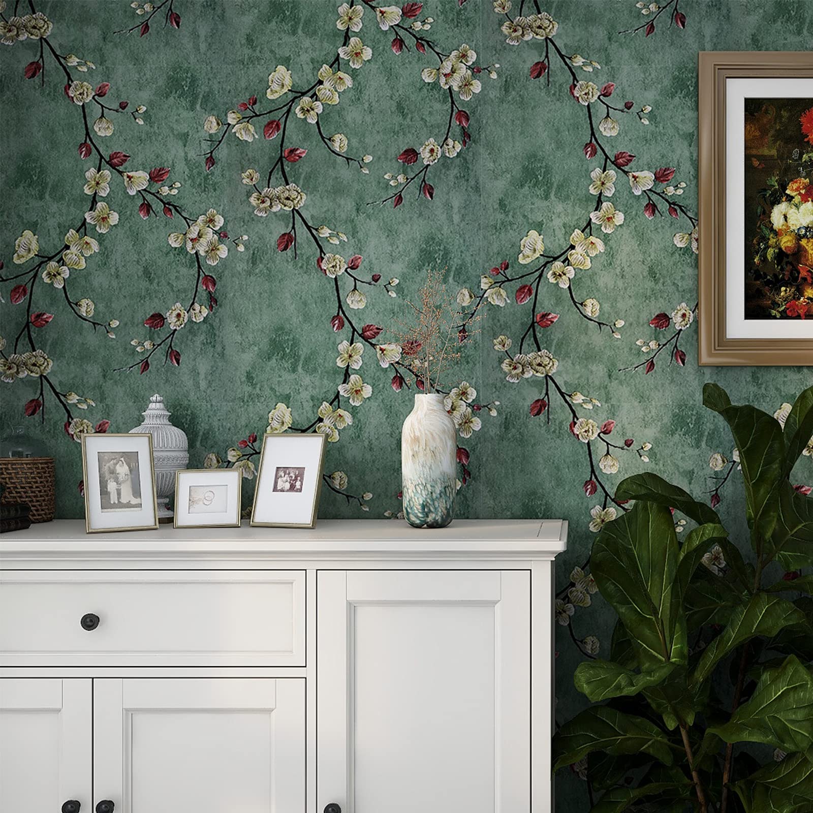 Dulanxer Flower Tree Wallpaper Peel and Stick Wallpaper Self Adhesive Removable Paper Wall Covering Shelf Drawer Liner Vinyl Roll 17.7" x 118", Green