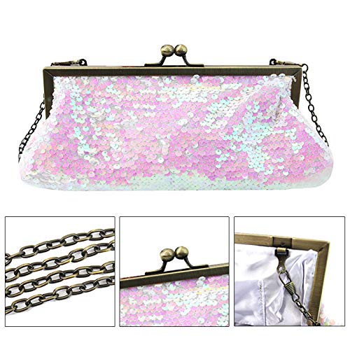 Felice Ann Glitter Mermaid Kissing Lock Sequin Evening Clutch Prom Party Handbag Chain Strap Crossbody Bag White
