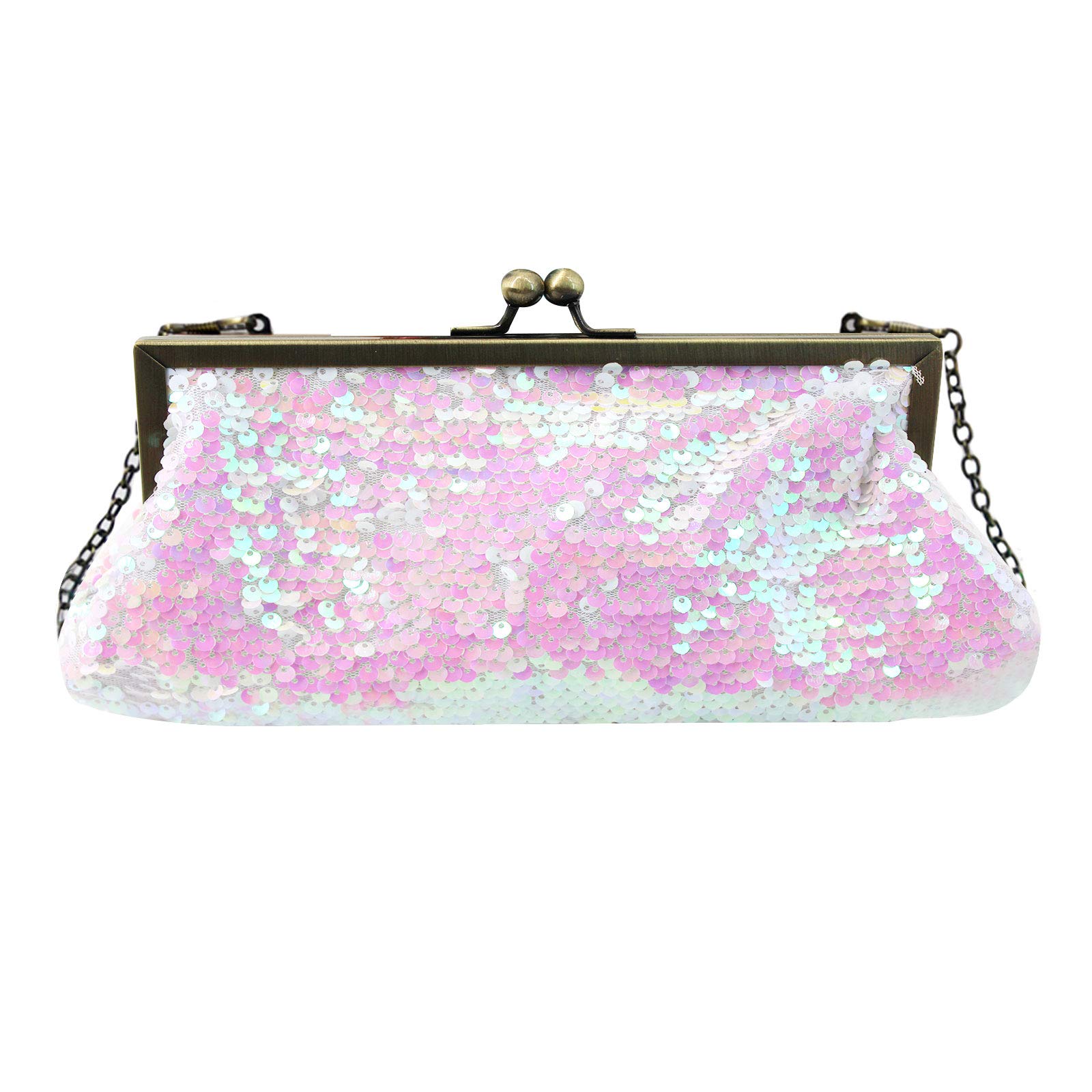 Felice Ann Glitter Mermaid Kissing Lock Sequin Evening Clutch Prom Party Handbag Chain Strap Crossbody Bag White