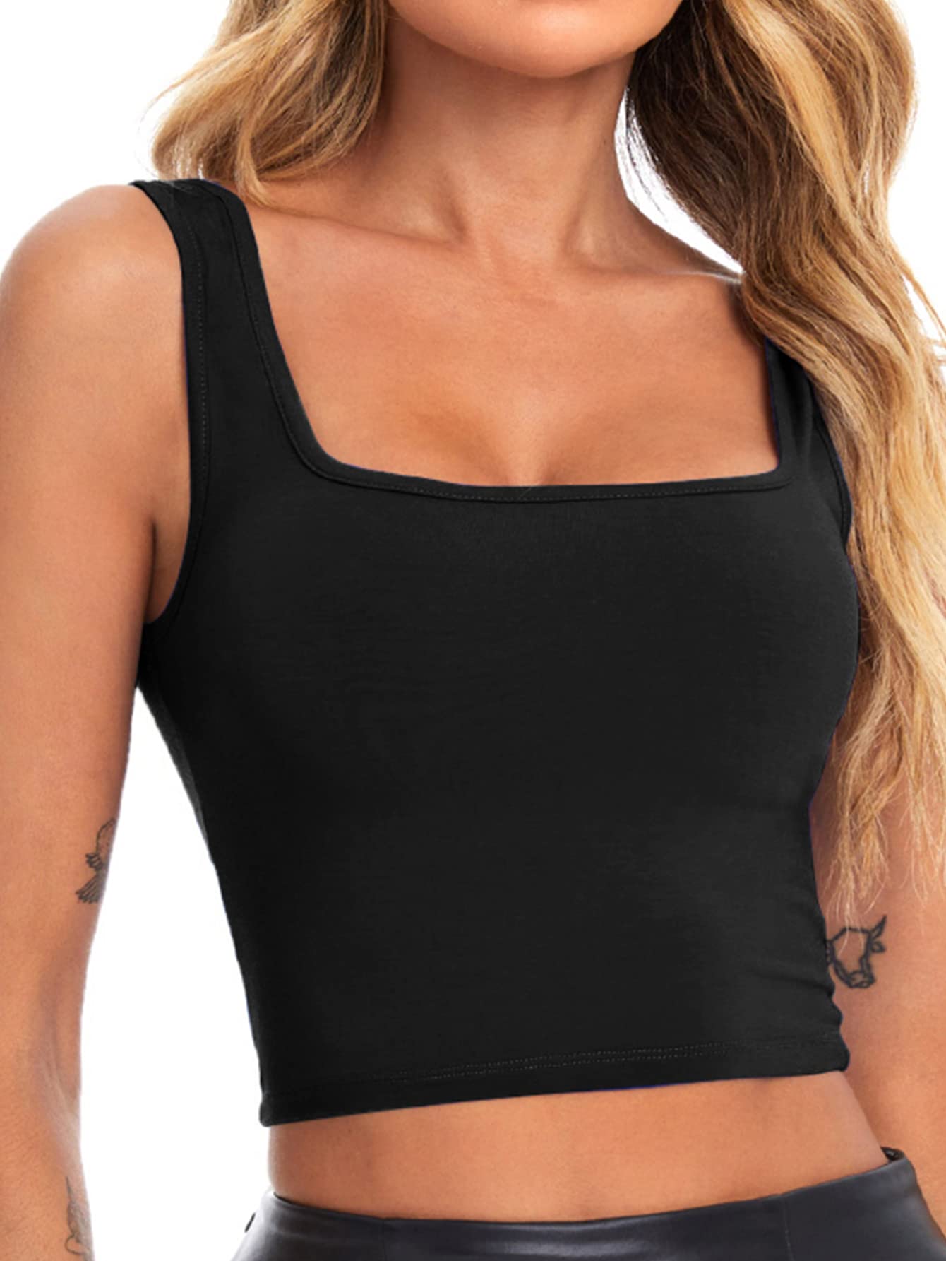 Verdusa Women's Basic Solid Square Neck Sleeveless Open Back Crop Tank Top Black M