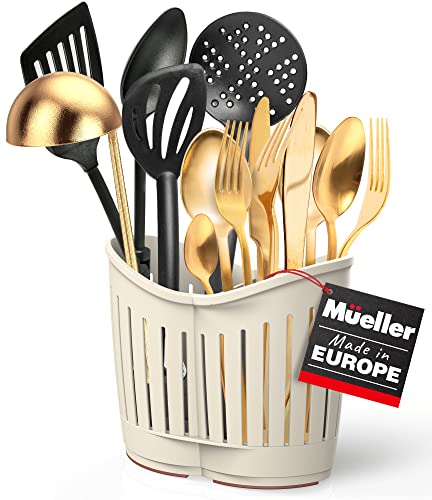 Mueller Kitchen Utensil Holder, Heavy Duty Flatware Drying Basket with Two Compartments, Non-Slip Base and Removable Divider for Easy Cleaning, European Made Countertop Drying Rack, Beige