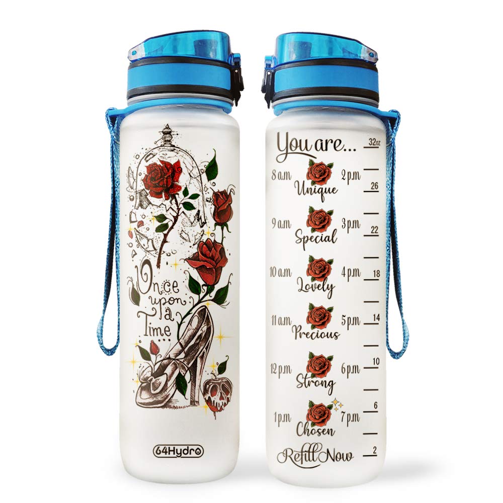 64HYDRO 32oz 1Liter Motivational Water Bottle with Time Marker & Removable Strainer Flip Top Leakproof Durable BPA Free Non-Toxic for Home Work Gym Fitness Sports - Beauty Once Upon A Time Rose