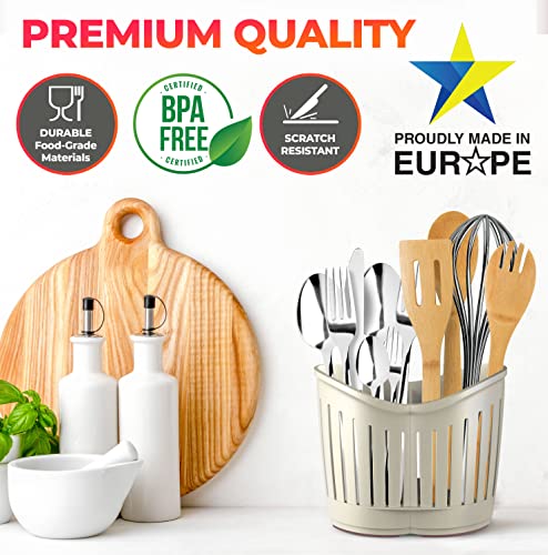 Mueller Kitchen Utensil Holder, Heavy Duty Flatware Drying Basket with Two Compartments, Non-Slip Base and Removable Divider for Easy Cleaning, European Made Countertop Drying Rack, Beige