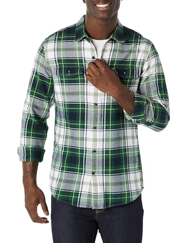 Amazon Essentials Men's Slim-Fit Long-Sleeve Two-Pocket Flannel Shirt - Discontinued Colors, Green/Ivory Plaid, Large