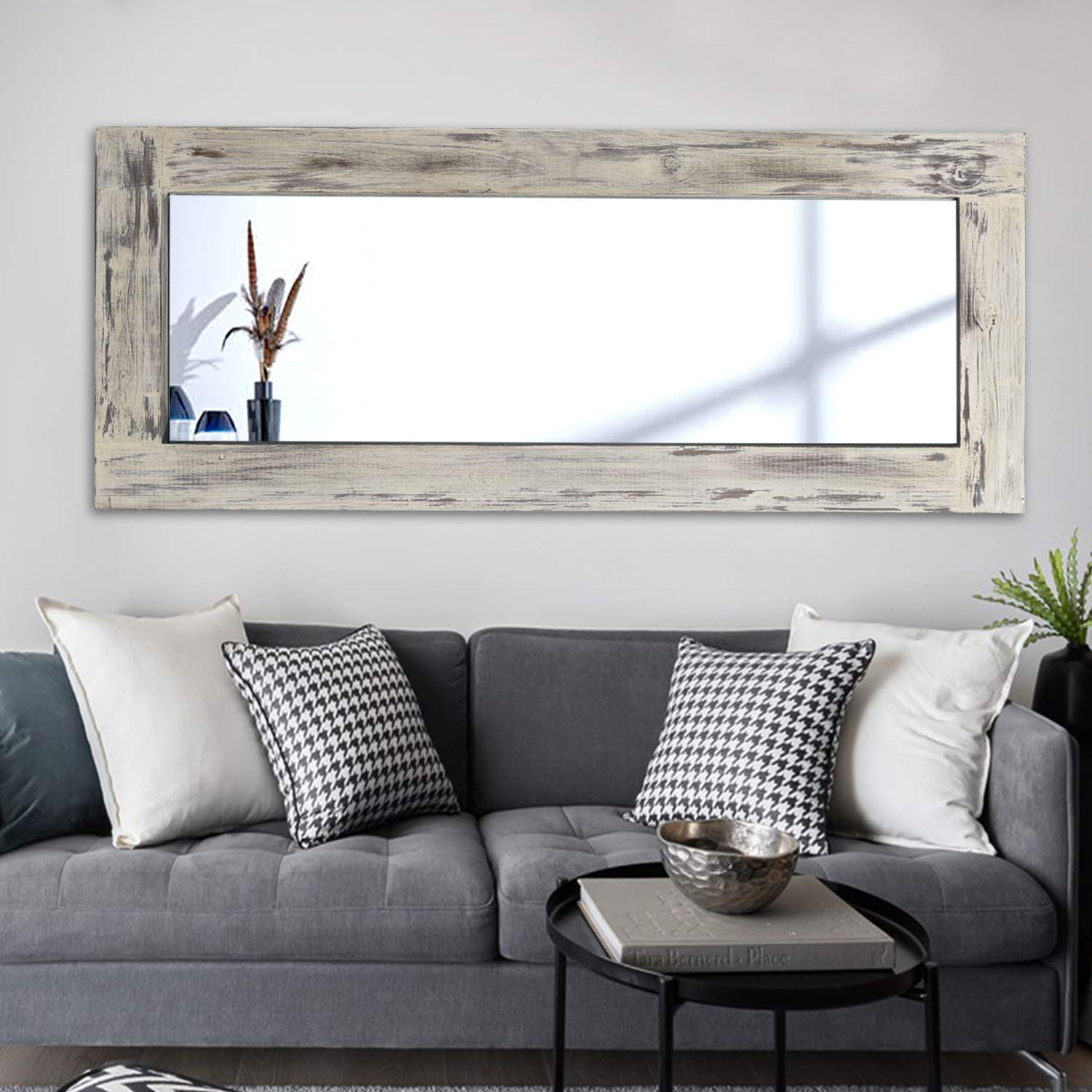 KIAYACI Full Length Mirror Floor Mirror Wood Frame Wall Mounted Mirror Distressed Style Wide Frame Dressing Make Up Mirror for Bathroom/Bedroom/Living Room/Entry/Farmhouse (Light Gray, 58" x 24")