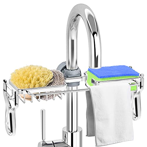 Arrozon Sponge Holder for Kitchen Sink,Kitchen Sink Sponge Holder 304 Stainless Steel Faucet Rack for Kitchen Bathroom Accessories Compatible with Faucets 0.78-1.12 Inches in Diameter(Sliver)