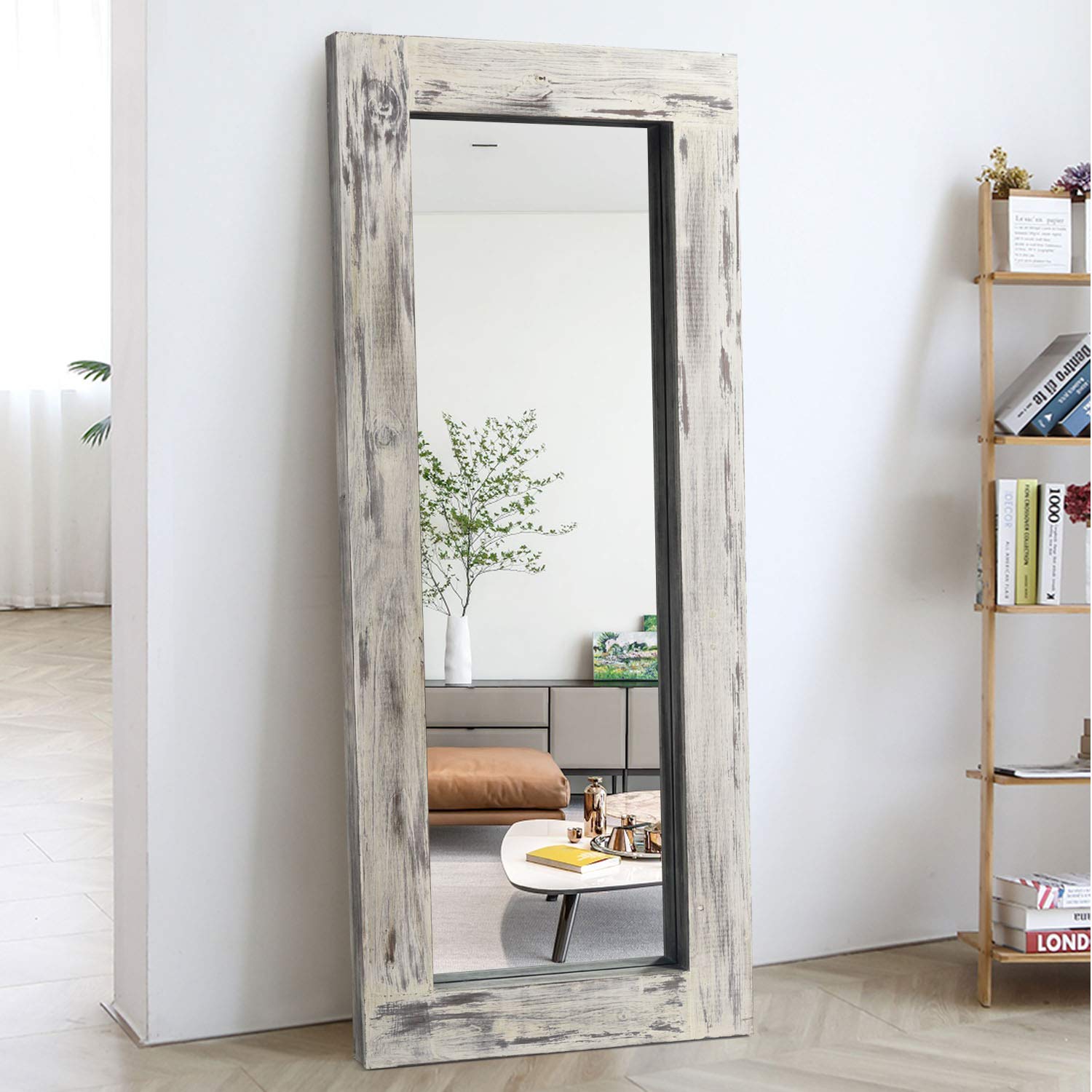 KIAYACI Full Length Mirror Floor Mirror Wood Frame Wall Mounted Mirror Distressed Style Wide Frame Dressing Make Up Mirror for Bathroom/Bedroom/Living Room/Entry/Farmhouse (Light Gray, 58" x 24")