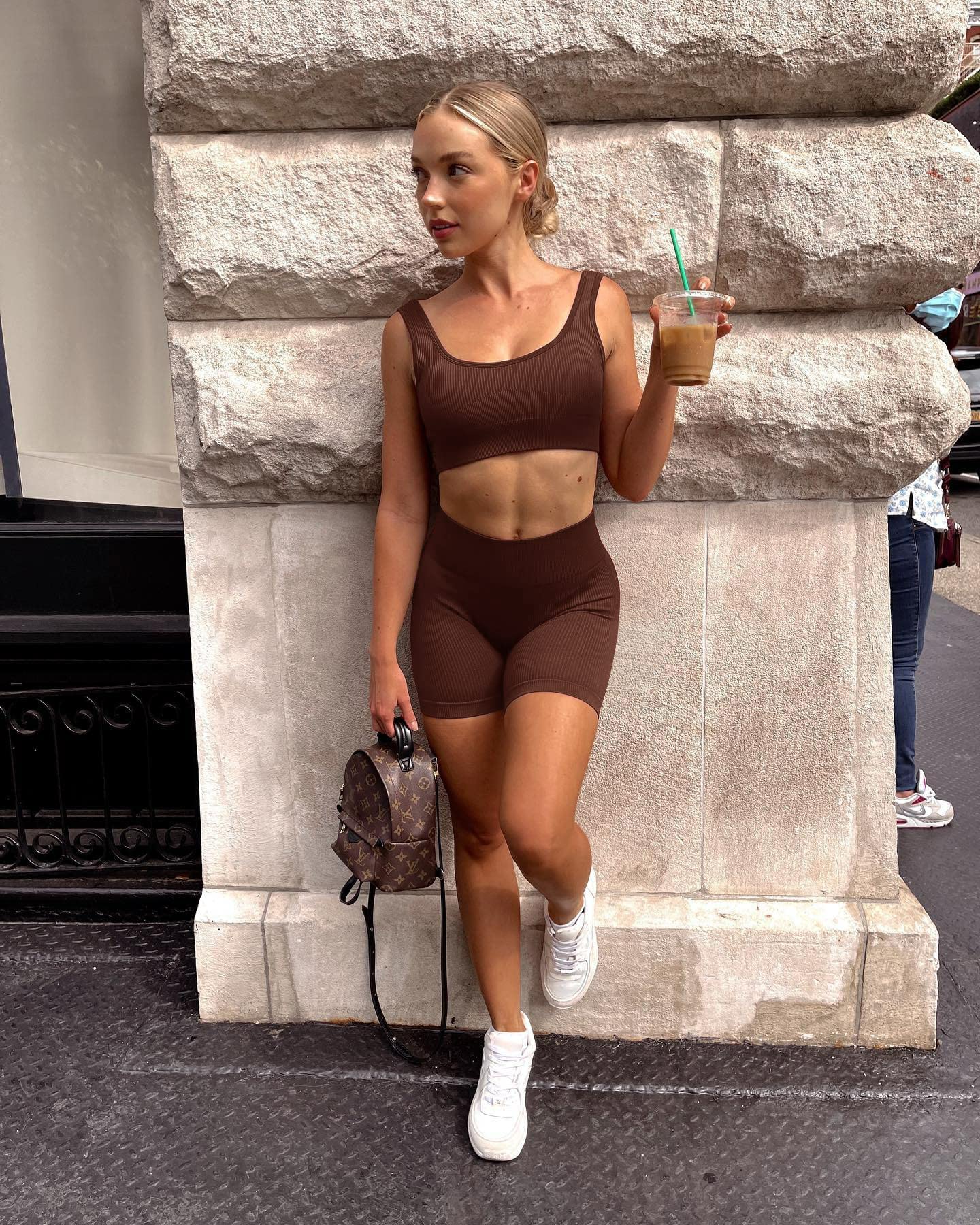 ABOCIW Womens Ribbed 2 Piece Outfits Shorts Sets Removable Padded Tank Crop Top and Seamless High Waist Running Biker Shorts Sets Activewear Brown Small