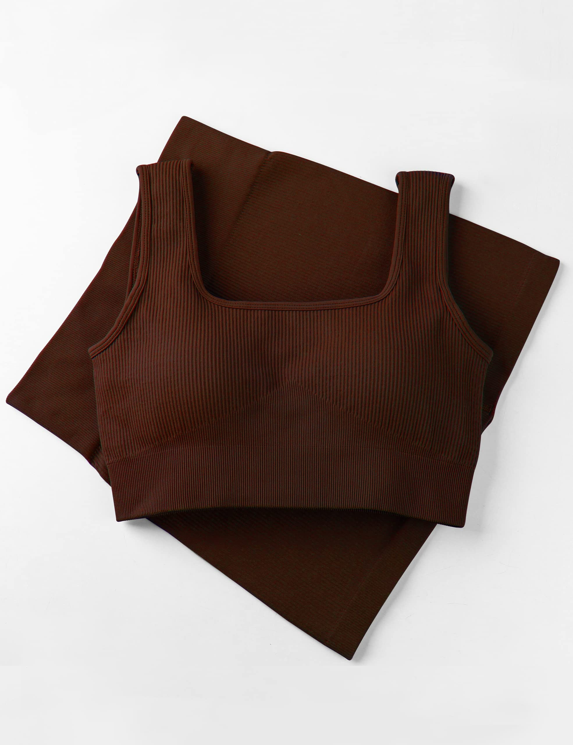 ABOCIW Womens Ribbed 2 Piece Outfits Shorts Sets Removable Padded Tank Crop Top and Seamless High Waist Running Biker Shorts Sets Activewear Brown Small