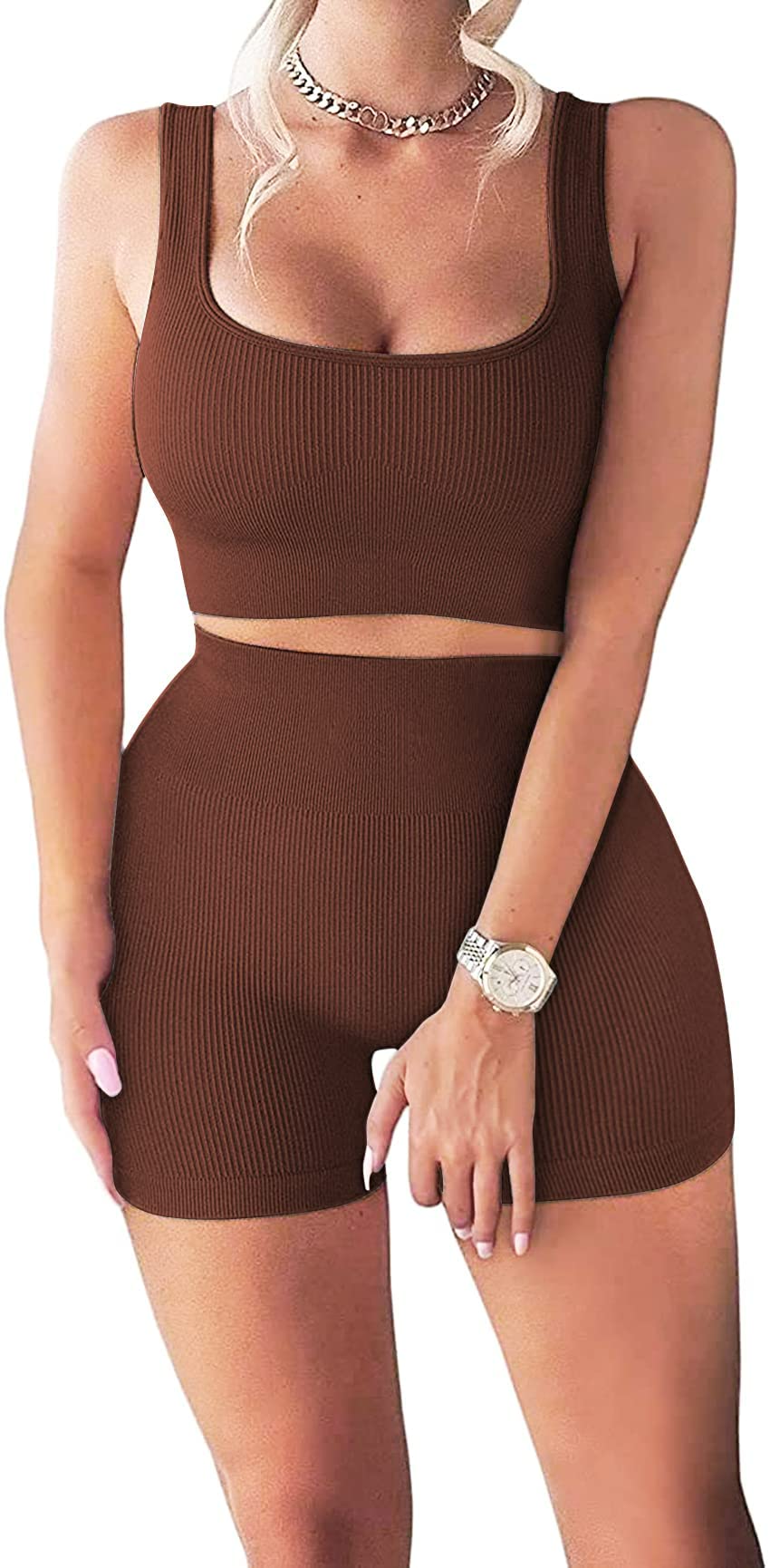 ABOCIW Womens Ribbed 2 Piece Outfits Shorts Sets Removable Padded Tank Crop Top and Seamless High Waist Running Biker Shorts Sets Activewear Brown Small