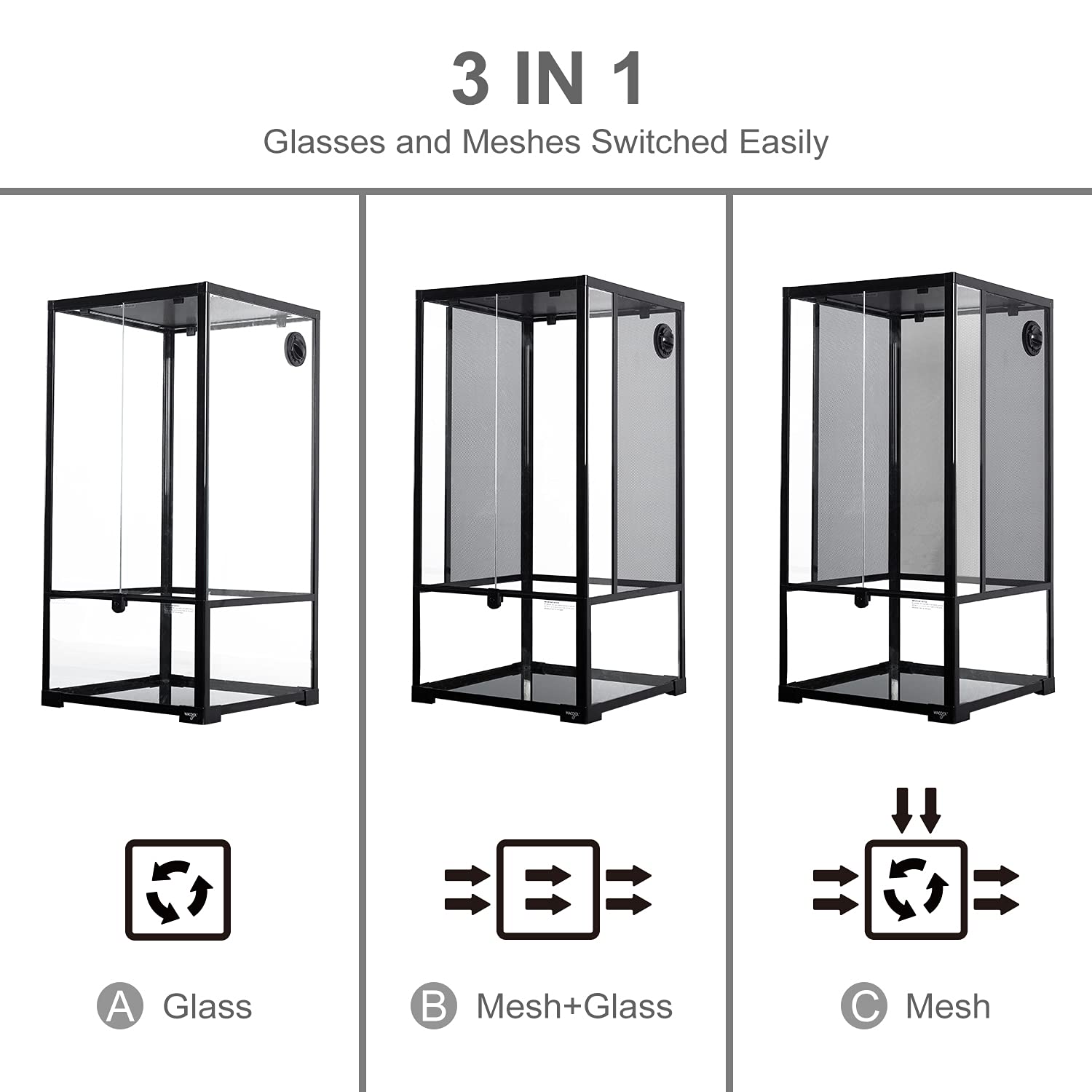 WACOOL Glass 50 Gallon Reptile Tank, Front Opening Chameleon Cage 18" x 18"x 36", 3-in-1 Side Design(Glass or Mesh+Glass), Bio Deep Base 10" Vertical Reptile Cage for Frog Iguana