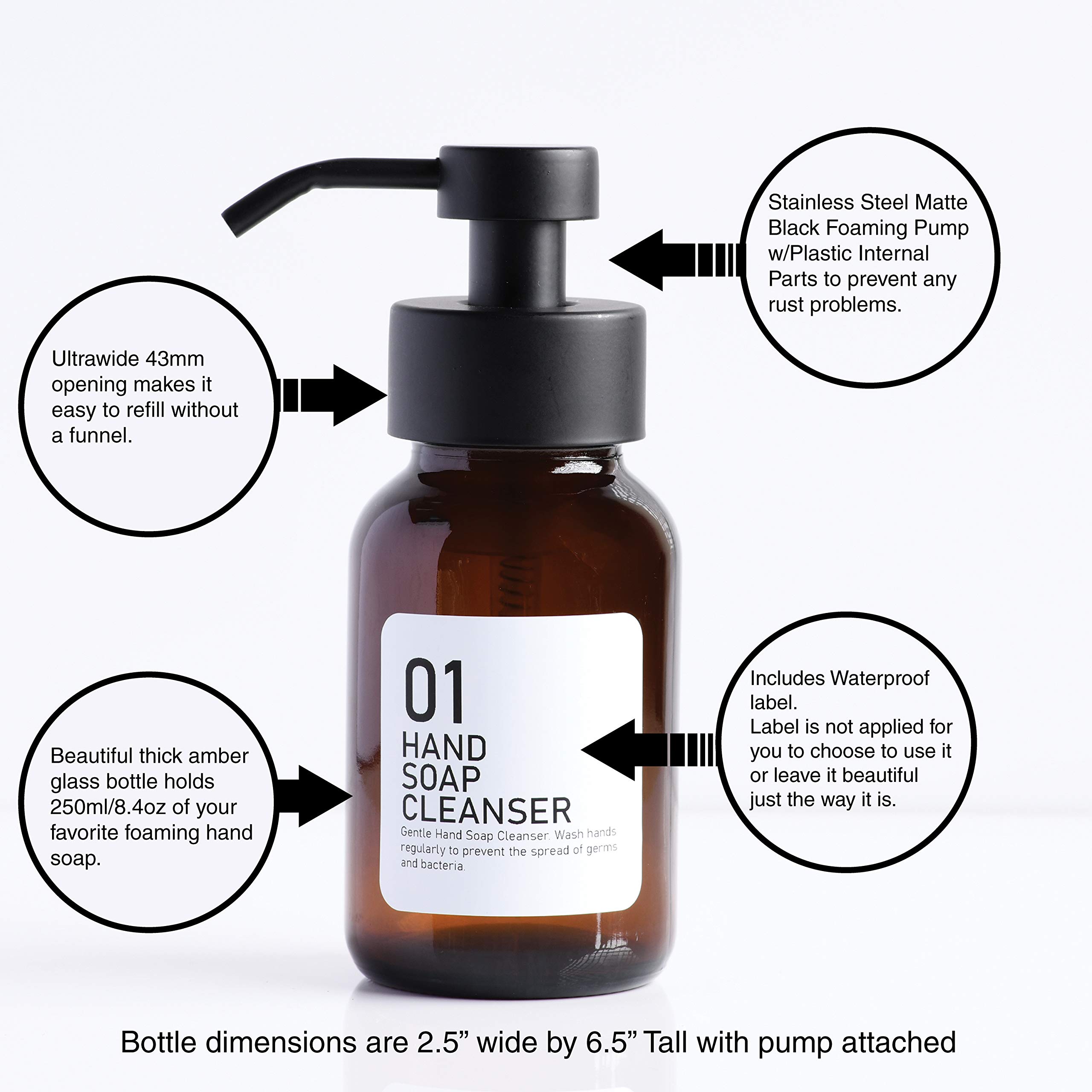 Refillable Foaming Soap Dispensing Bottle - Amber Glass - Matte Black Stainless Steel Foaming Pump - Apothecary Style for Modern bathrooms and Kitchens (Includes Labels)