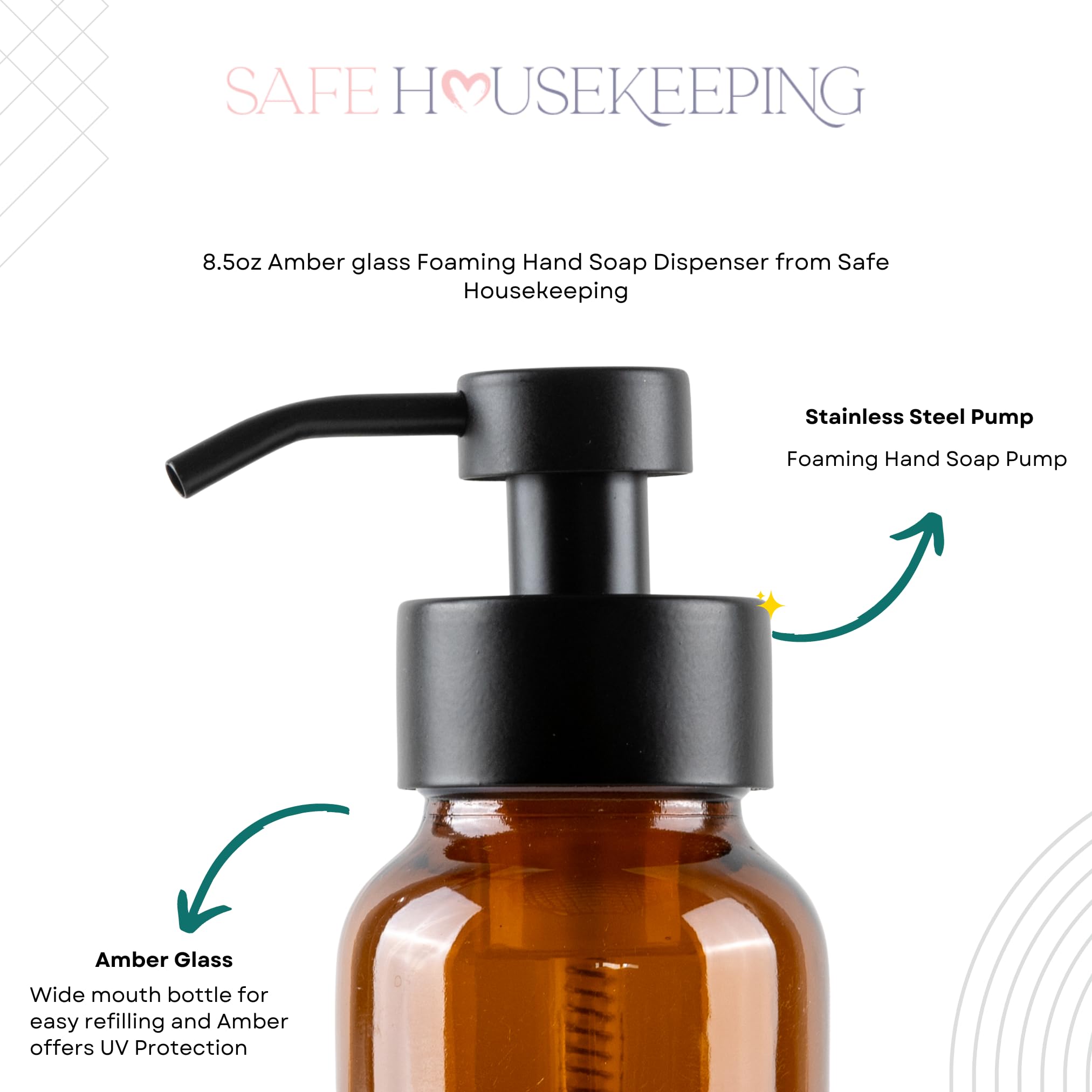 Refillable Foaming Soap Dispensing Bottle - Amber Glass - Matte Black Stainless Steel Foaming Pump - Apothecary Style for Modern bathrooms and Kitchens (Includes Labels)
