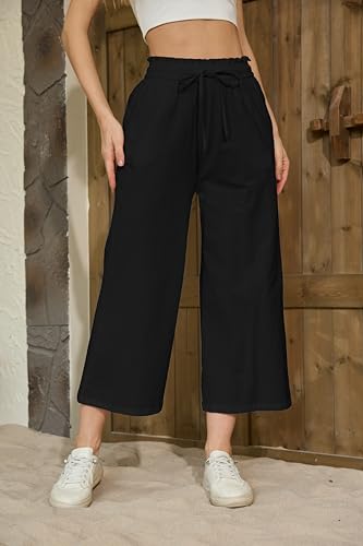 BCOFUI Womens Linen Wide Leg Pants High Waisted Drawstring Baggy Loose Beach Trousers with Pocket