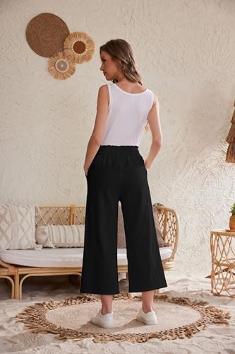 BCOFUI Womens Linen Wide Leg Pants High Waisted Drawstring Baggy Loose Beach Trousers with Pocket