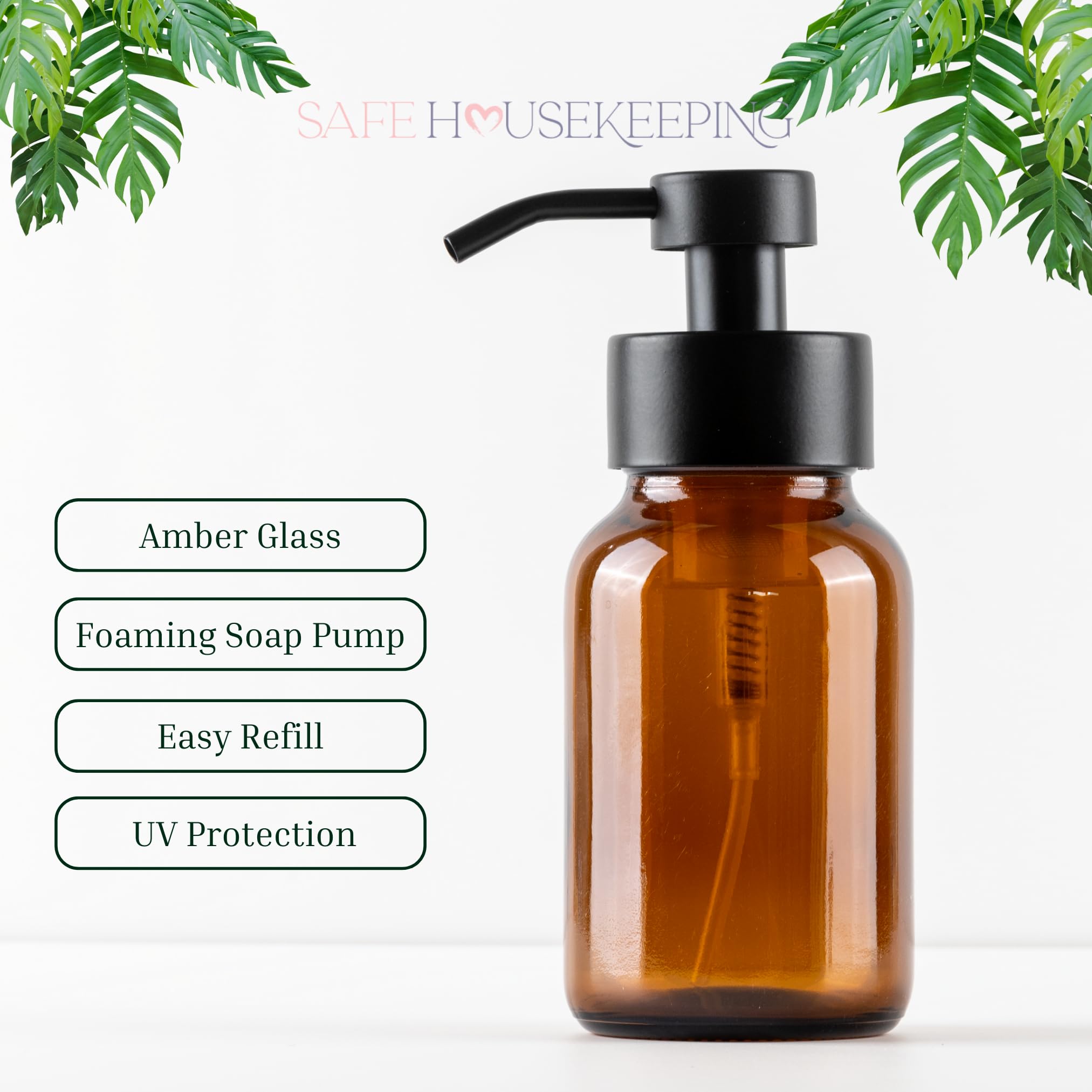 Refillable Foaming Soap Dispensing Bottle - Amber Glass - Matte Black Stainless Steel Foaming Pump - Apothecary Style for Modern bathrooms and Kitchens (Includes Labels)