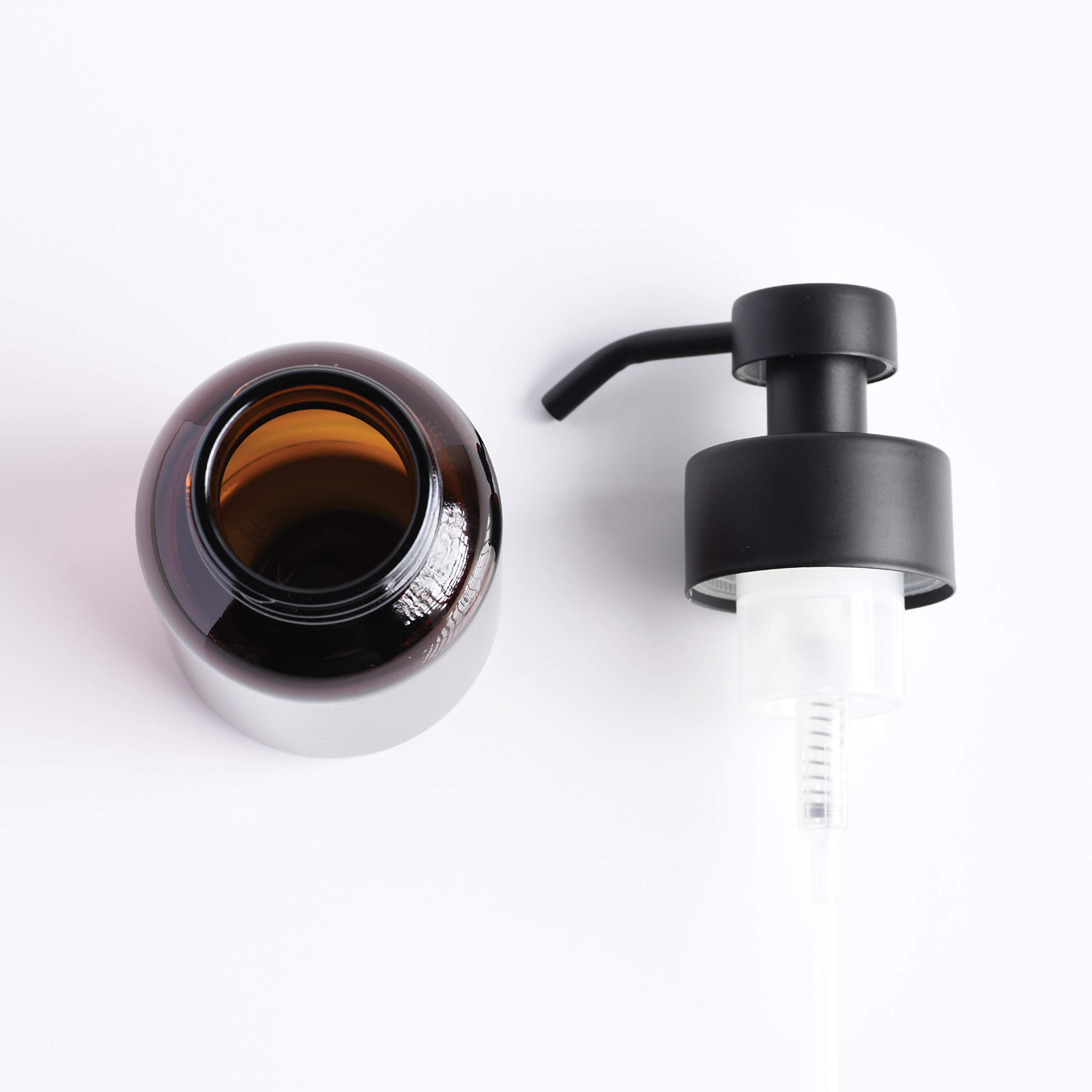 Refillable Foaming Soap Dispensing Bottle - Amber Glass - Matte Black Stainless Steel Foaming Pump - Apothecary Style for Modern bathrooms and Kitchens (Includes Labels)