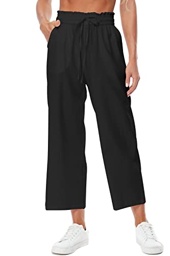 BCOFUI Womens Linen Wide Leg Pants High Waisted Drawstring Baggy Loose Beach Trousers with Pocket