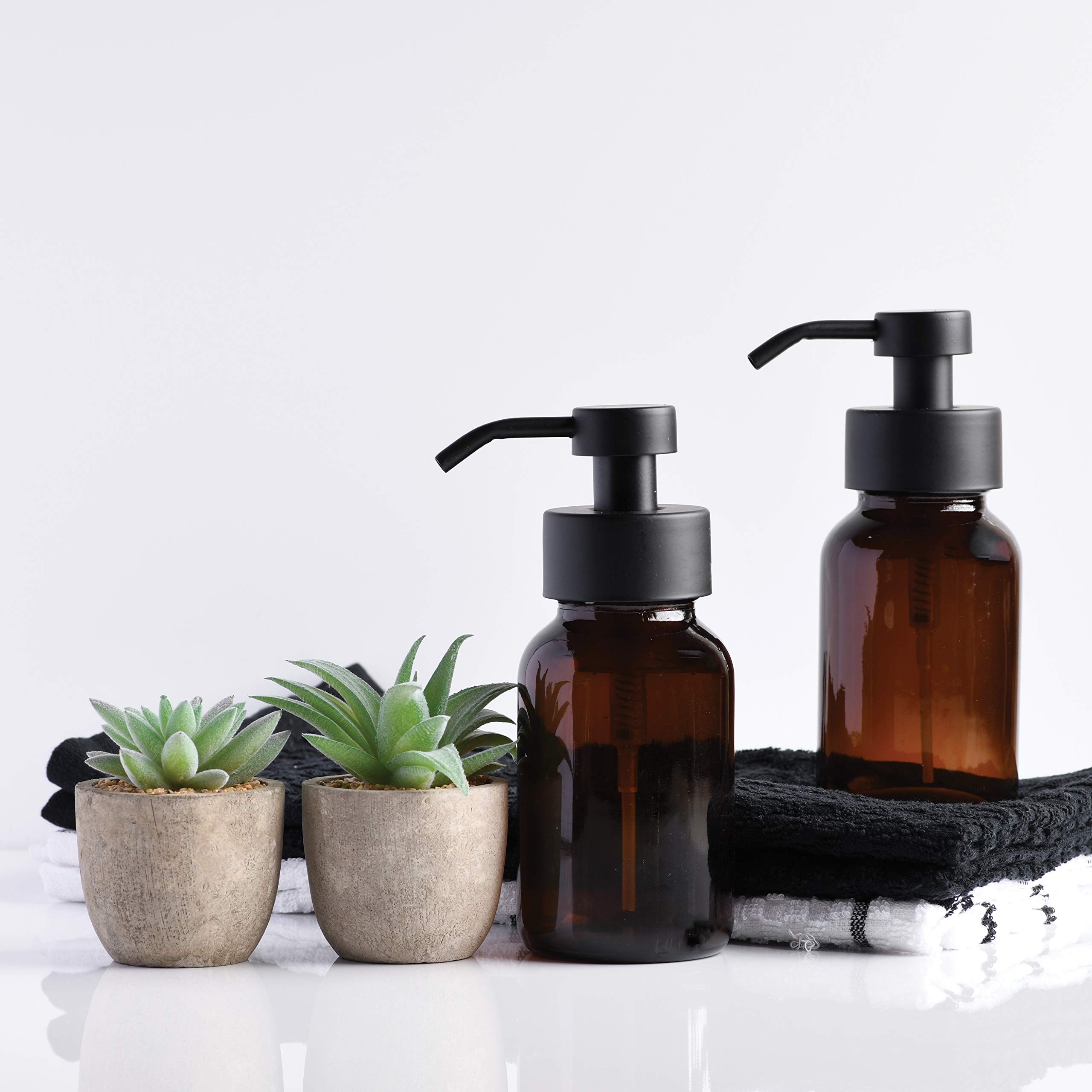 Refillable Foaming Soap Dispensing Bottle - Amber Glass - Matte Black Stainless Steel Foaming Pump - Apothecary Style for Modern bathrooms and Kitchens (Includes Labels)