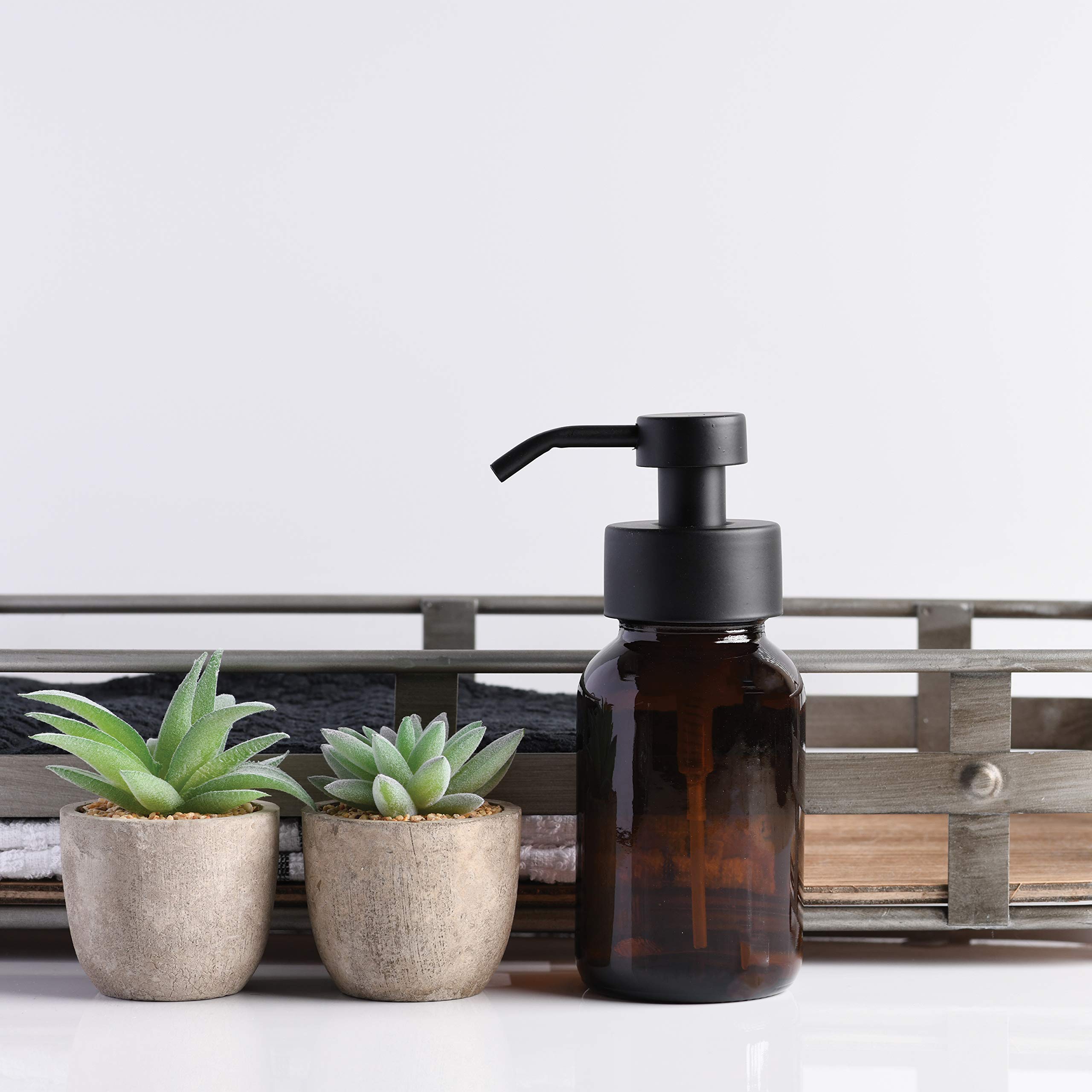Refillable Foaming Soap Dispensing Bottle - Amber Glass - Matte Black Stainless Steel Foaming Pump - Apothecary Style for Modern bathrooms and Kitchens (Includes Labels)